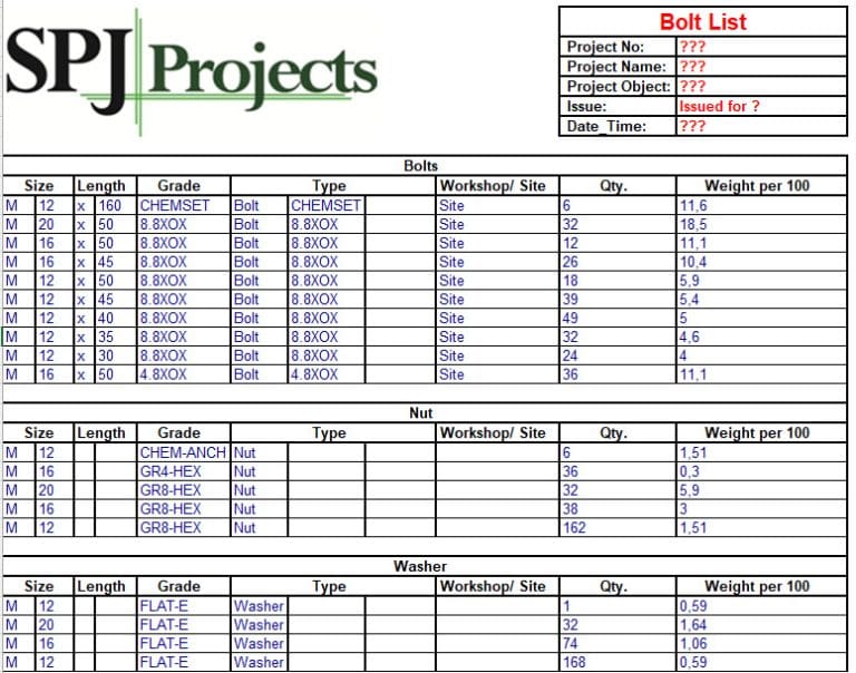 Excel Bolt List - Steel Drawings