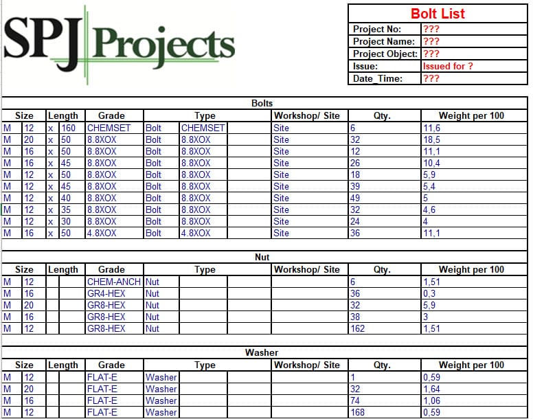 Excel Bolt List - Steel Drawings